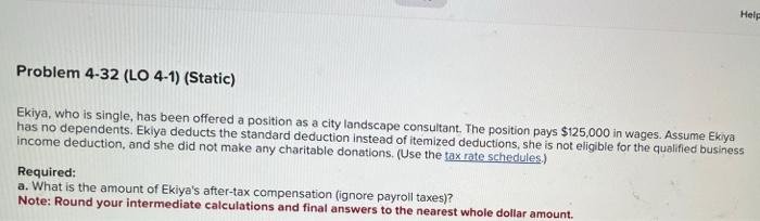 Solved Problem 4-32 (LO 4-1) (Static) Ekiya, who is single, | Chegg.com