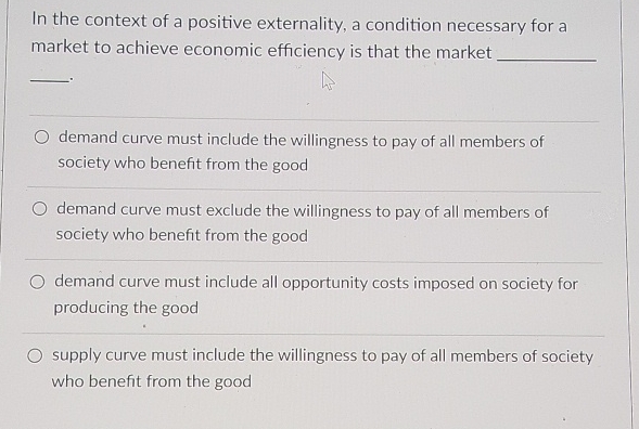 Solved In the context of a positive externality, a condition | Chegg.com
