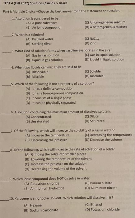 Solved TEST 4 (Fall 2022) Solutions / Acids \& Bases Part I: | Chegg.com