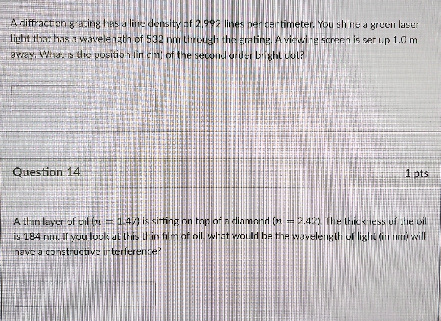 Solved A diffraction grating has a line density of 2,992 | Chegg.com