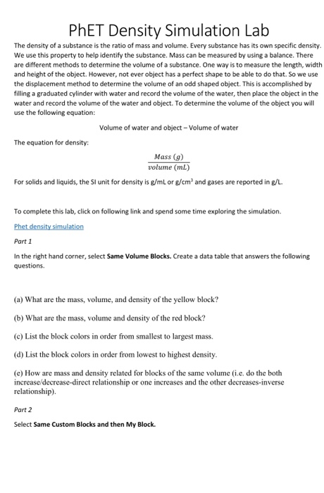 PhET Density Simulation Lab The density of a | Chegg.com