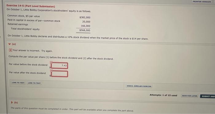 Solved PRINTER VERSION Exercise 14-5 (Part Level Submission) | Chegg.com