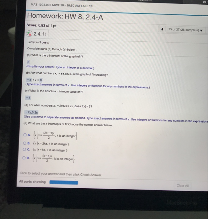 Solved MAT 1093.003 MWF 10 - 10:50 AM FALL 19 Homework: HW | Chegg.com