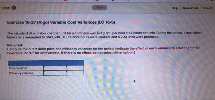Solved Ination Seved Help Save & Exh Submit Exercise 16-37 | Chegg.com Solved Ination Seved Help Save & Exh Submit Exercise 16-37 | Chegg.com