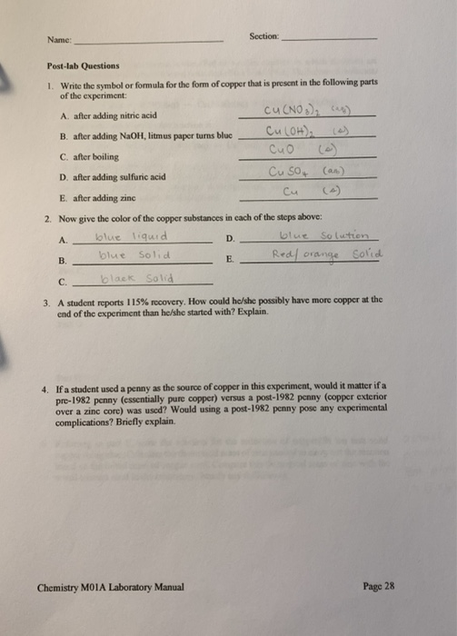 Name: Section: Experiment #6: Synthesis of Copper(II) | Chegg.com
