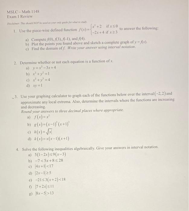 Solved MSLC - Math 1148 Exam 1 Review Disclaimer: This | Chegg.com