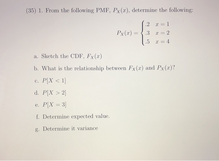 Solved (35) 1. From the following PMF, Px(2), determine the | Chegg.com