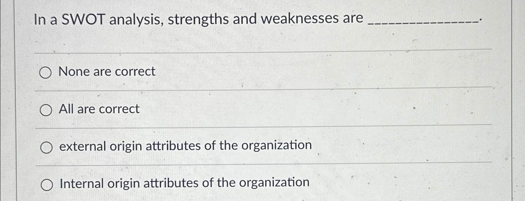 Solved In a SWOT analysis, strengths and weaknesses areNone | Chegg.com