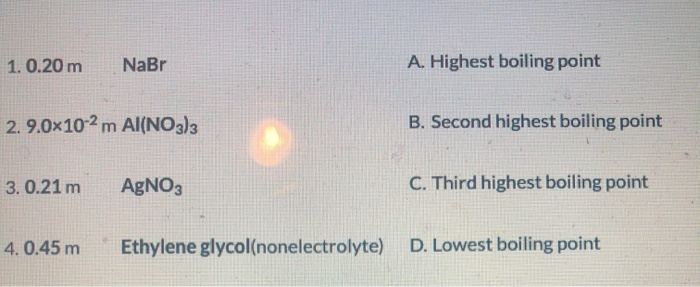 Solved 1.0.20 m NaBr A. Highest boiling point 2. 9.0x102 m | Chegg.com