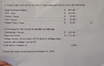 Solved Bright Light received the October 31 ﻿bank statement | Chegg.com