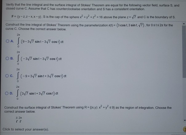 Solved Verify that the line integral and the surface | Chegg.com