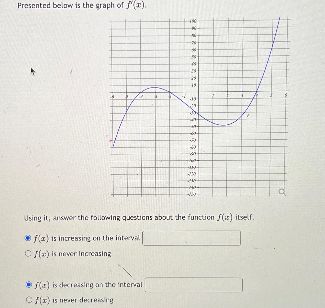 Solved Presented below is the graph of f'(x).Using it, | Chegg.com