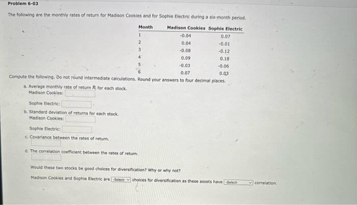 Solved The following are the monthly rates of return for | Chegg.com