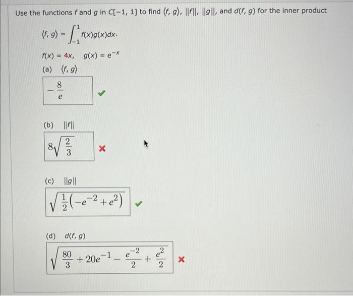 Solved Use the functions f and g in C[−1,1] to find | Chegg.com