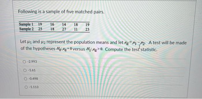 Solved Following is a sample of five matched pairs. Sample 1 | Chegg.com