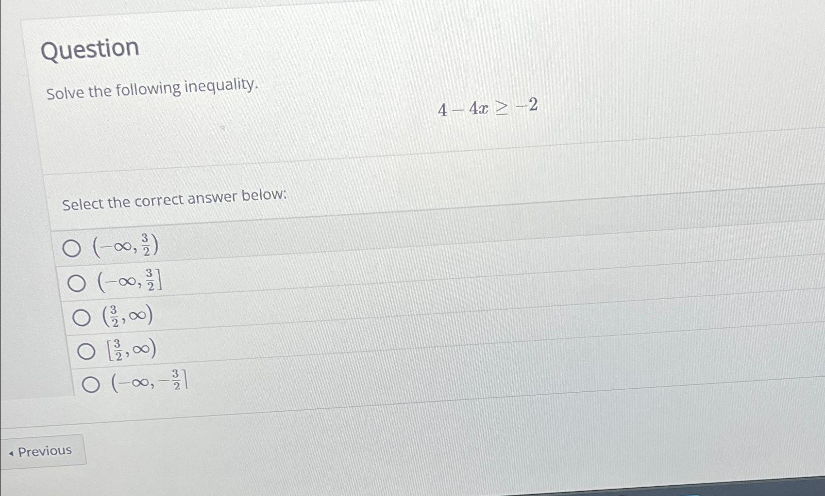 Solved QuestionSolve the following inequality.4-4x≥-2Select | Chegg.com