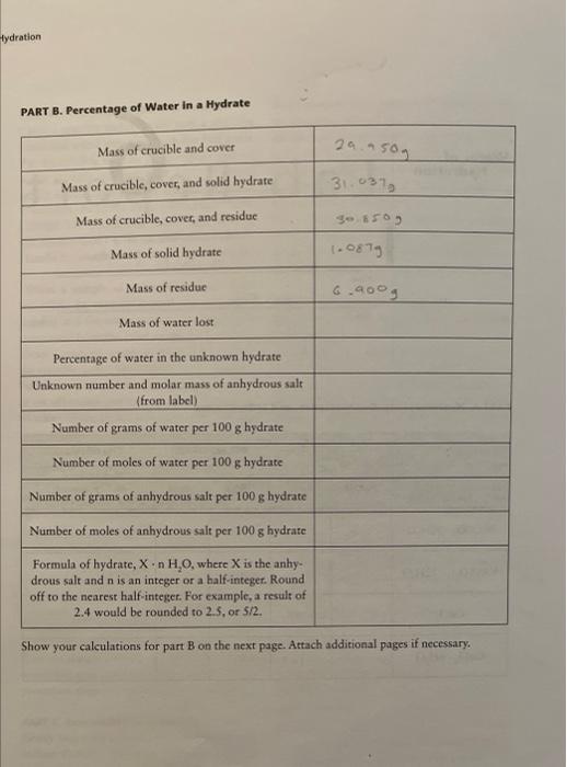 Solved PART B. Percentage of Water in a Hydrate Show your | Chegg.com