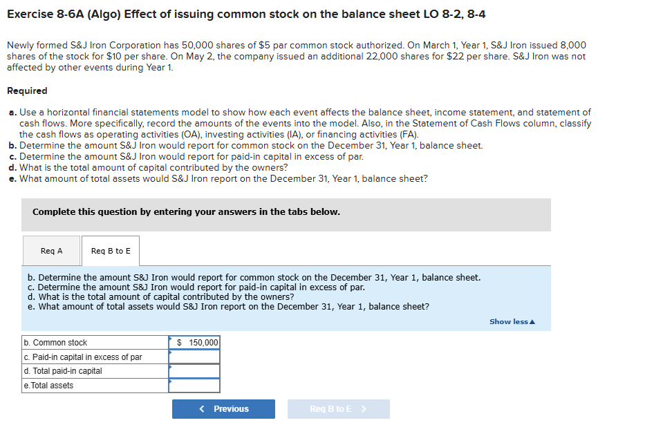Exercise 8-6A (Algo) ﻿Effect of issuing common stock | Chegg.com