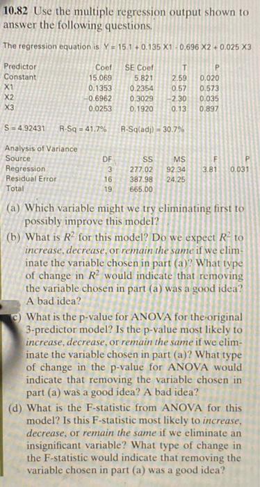 Solved 1082 Use The Multiple Regression Output Shown To 8399