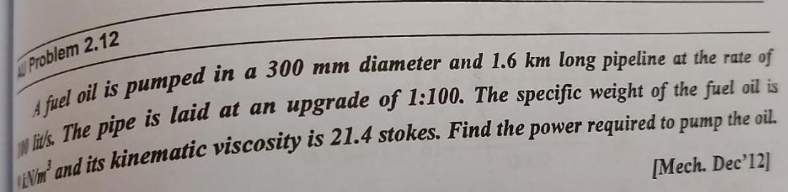 Solved problem 2.12A fuel oil is pumped in a 300mm ﻿diameter | Chegg.com