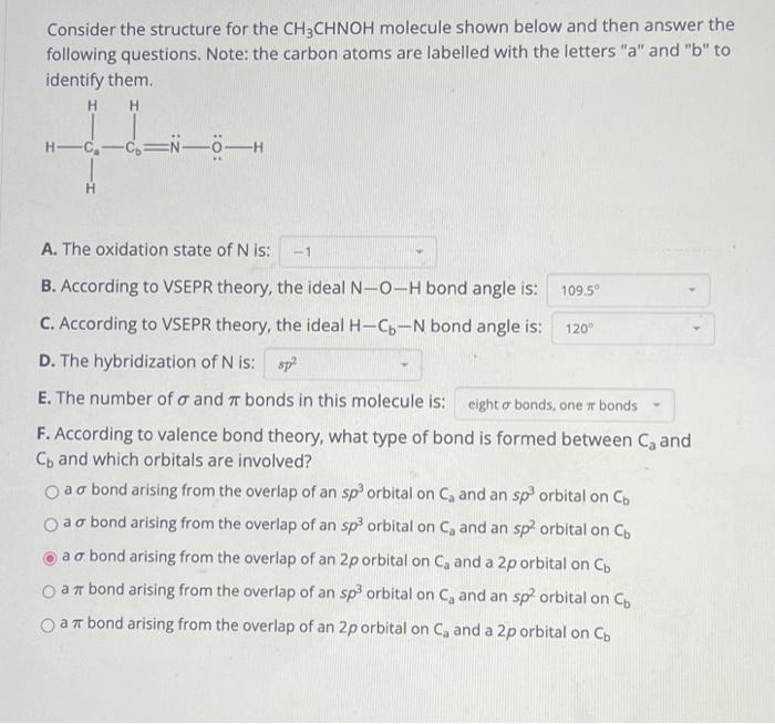Solved Consider the structure for the CH3CHNOH molecule | Chegg.com