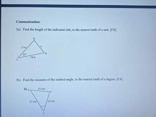 Solved 3a). Find the length of the indicated side, to the | Chegg.com