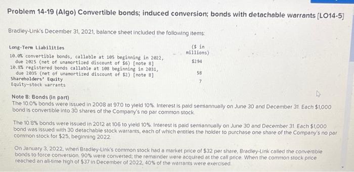 Solved Problem 14-19 (Algo) Convertible bonds; induced | Chegg.com