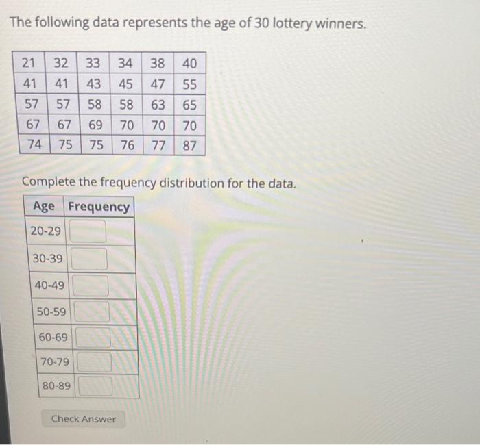Solved The following data represents the age of 30 lottery | Chegg.com