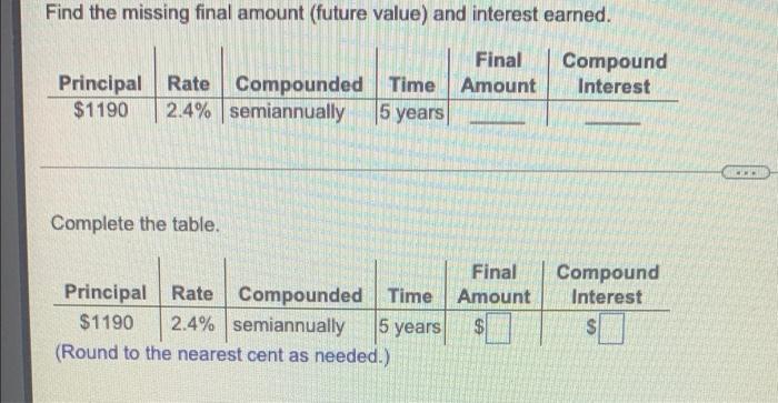Solved Find the missing final amount (future value) and | Chegg.com