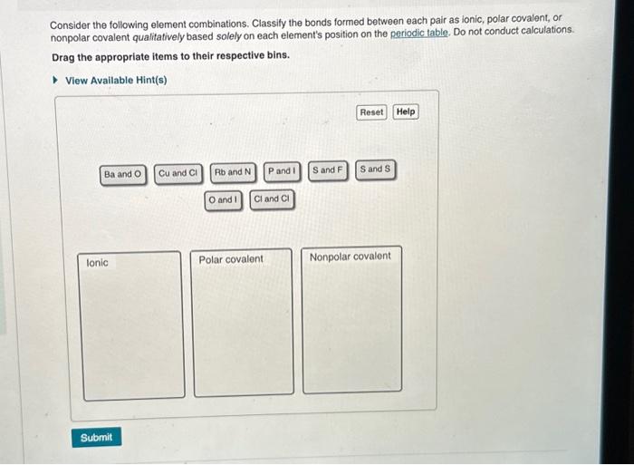 Solved Consider the following element combinations. Classify | Chegg.com