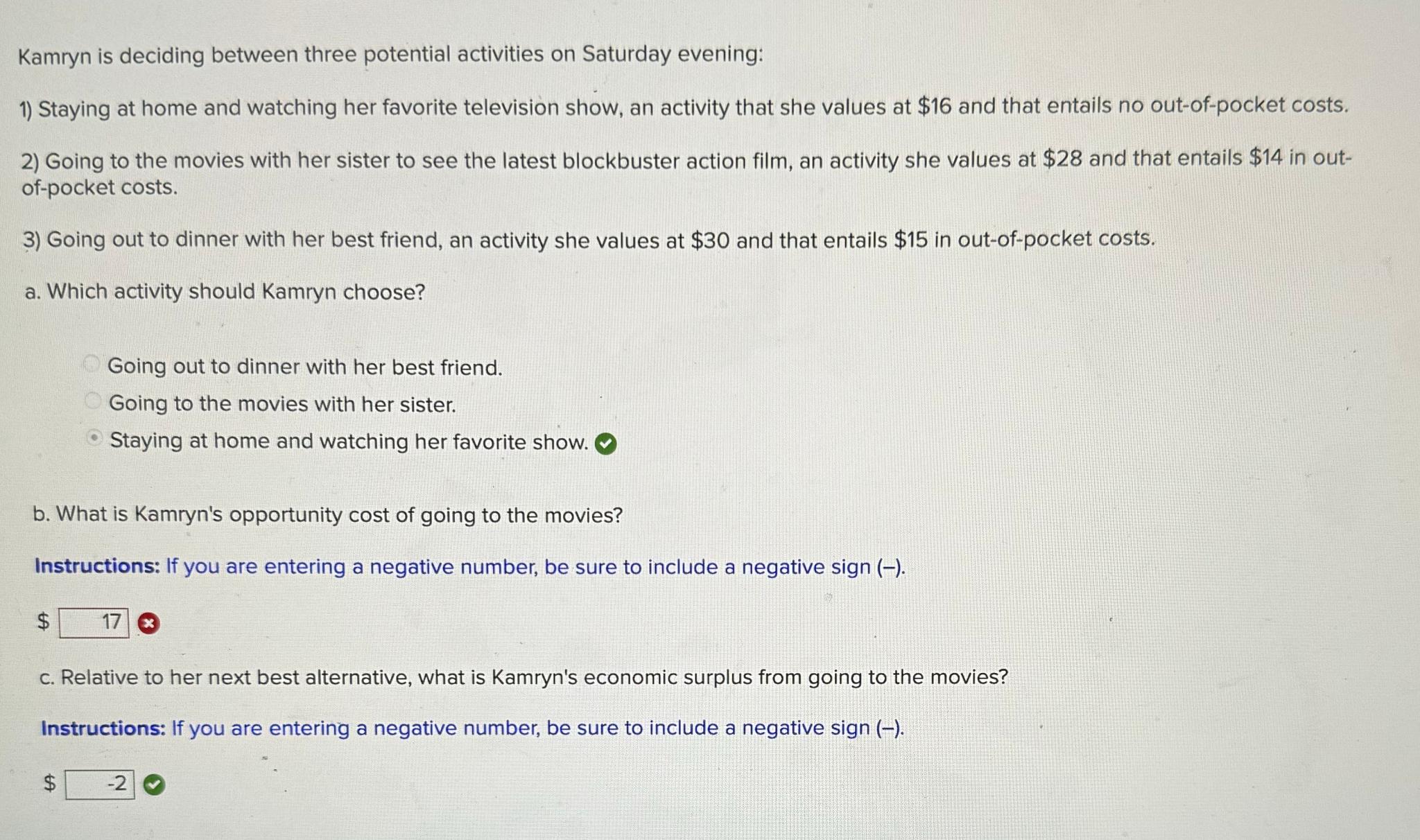 Solved Kamryn is deciding between three potential activities | Chegg.com