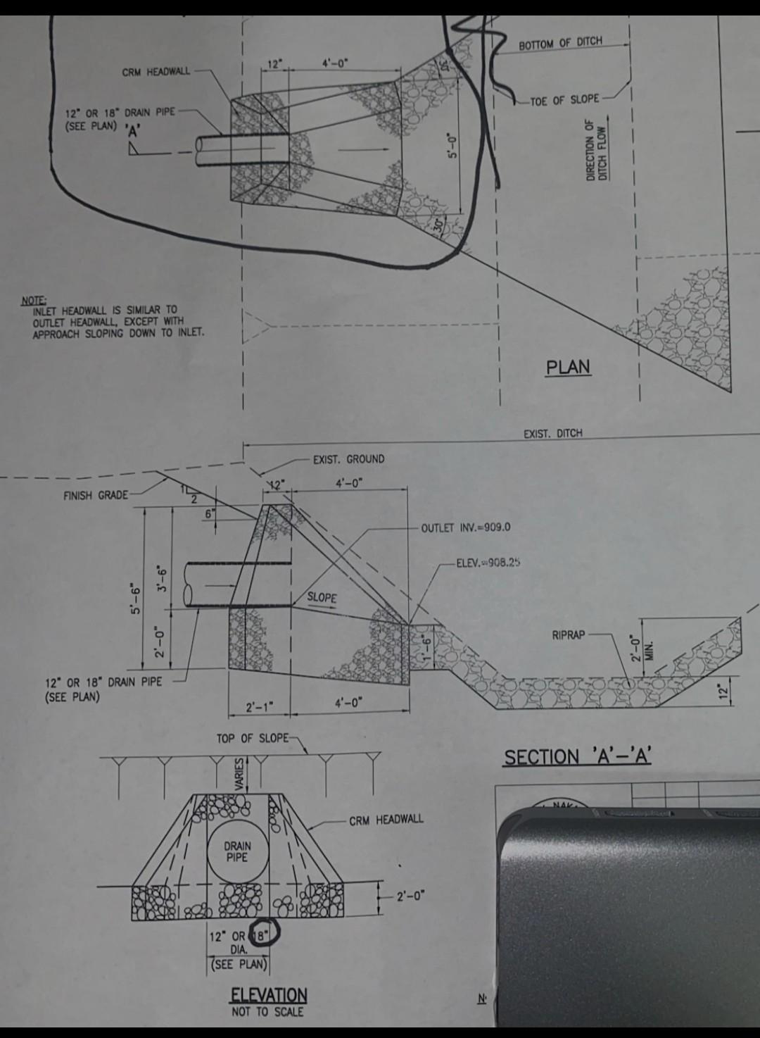 BOTTOM OF DITCH 4'-0" CRM HEADWALL -TOE OF SLOPE 12" | Chegg.com