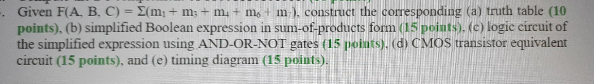Solved Given F(A,B,C)=Σ(m1+m3+m4+m6+m7), construct the | Chegg.com