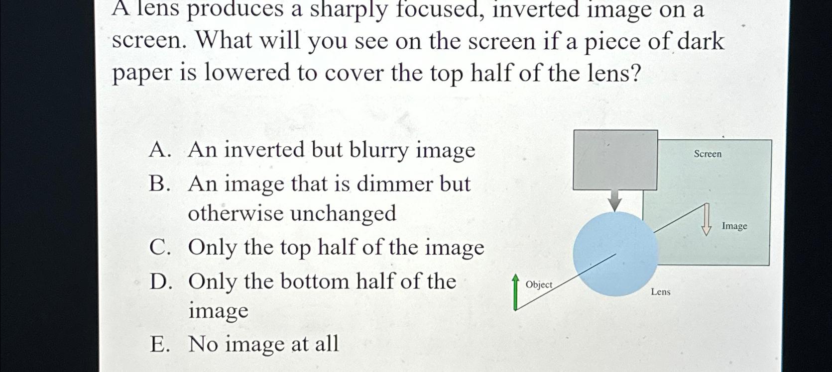 Solved A lens produces a sharply focused, inverted image on | Chegg.com