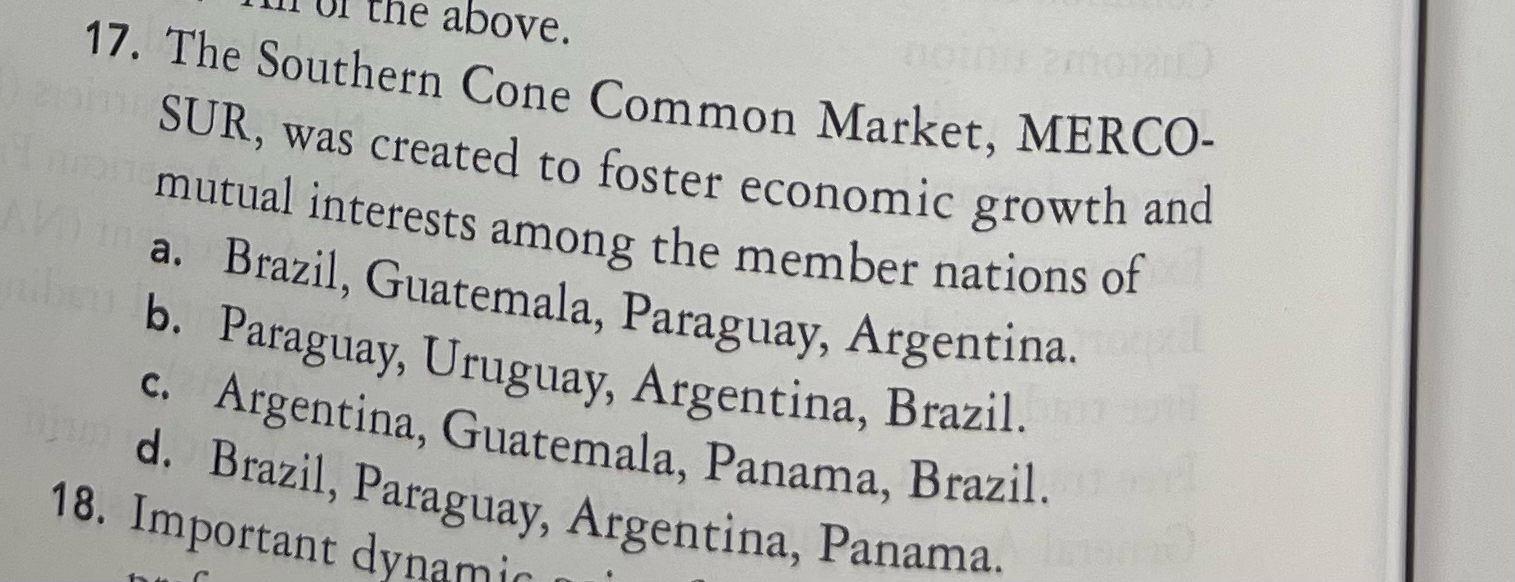 Solved The Southern Cone Common Market, MERCOSUR, was | Chegg.com