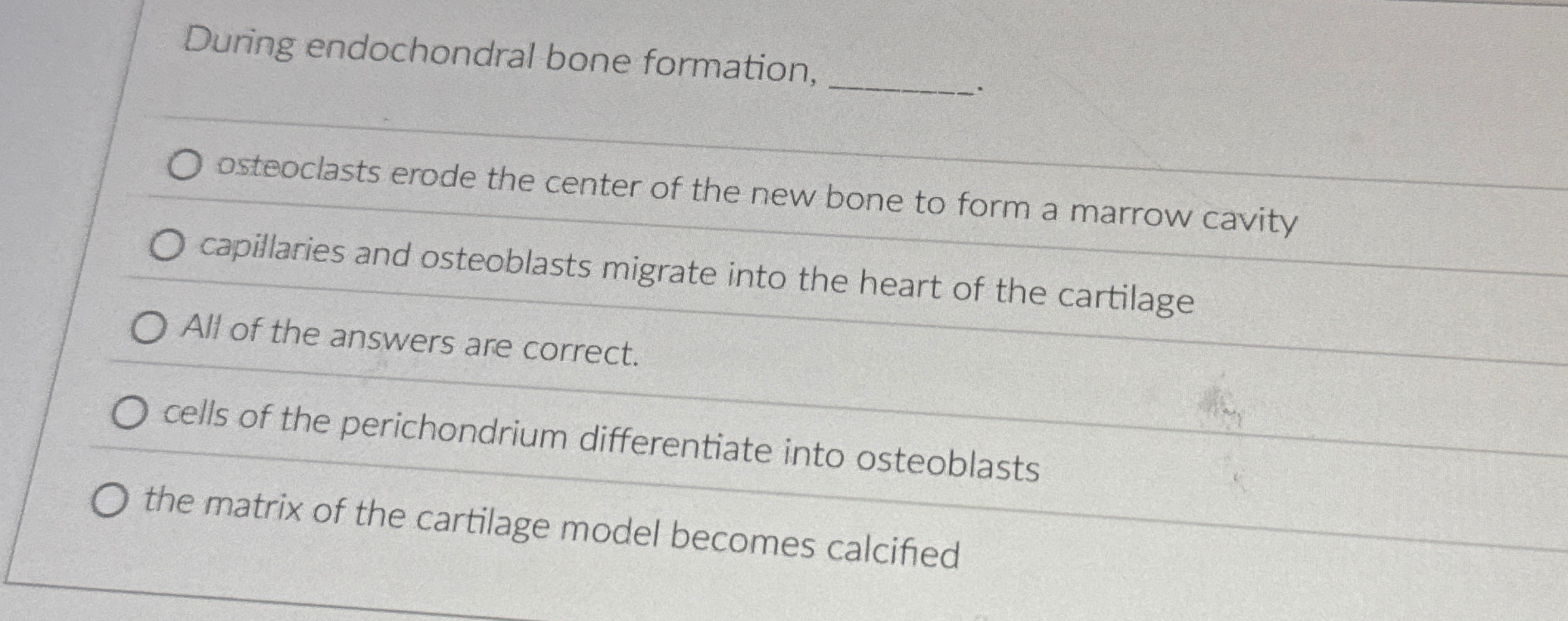 Solved During endochondral bone formation,Osteoclasts erode | Chegg.com