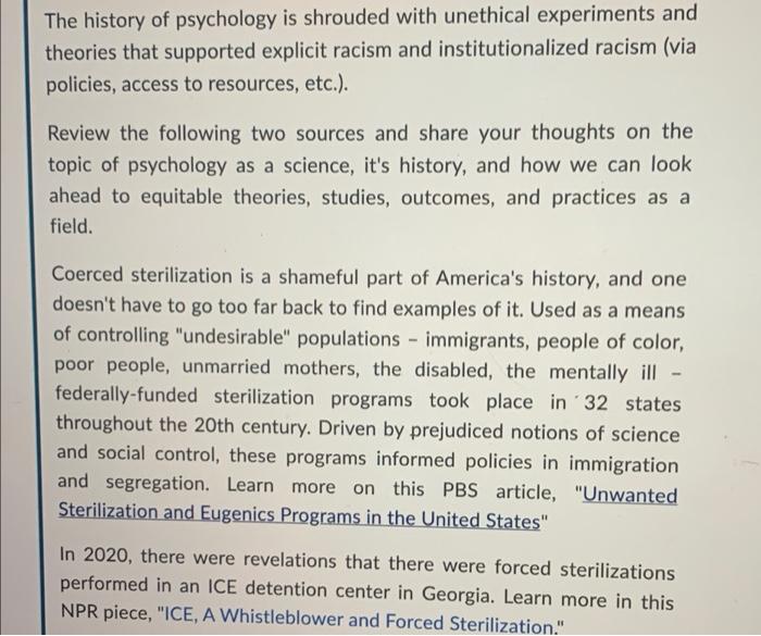 Solved The history of psychology is shrouded with unethical | Chegg.com