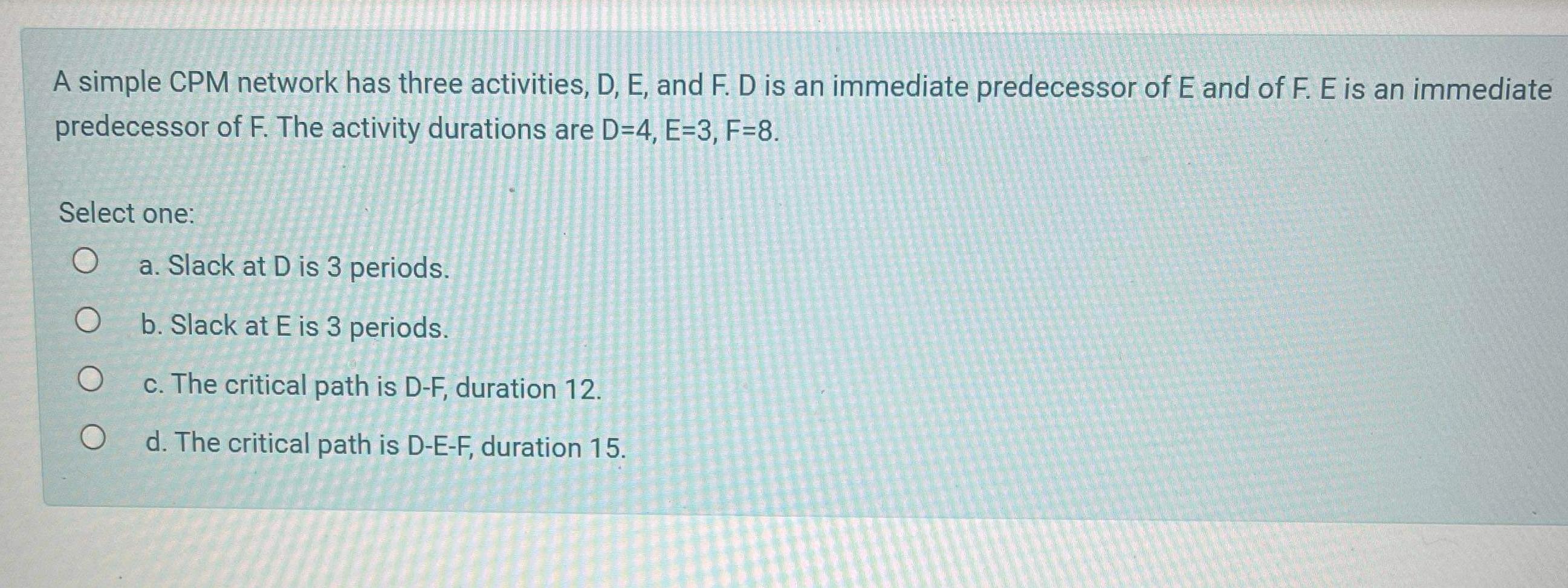 Solved A simple CPM network has three activities, D, ﻿E, | Chegg.com