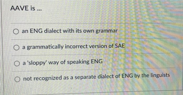 Solved AAVE is ... an ENG dialect with its own grammar O a | Chegg.com
