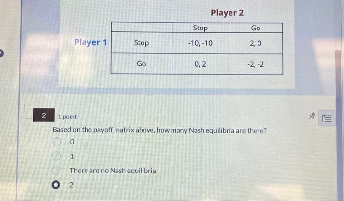 Player 2 Player 1 1 point Based on the payoff matrix | Chegg.com