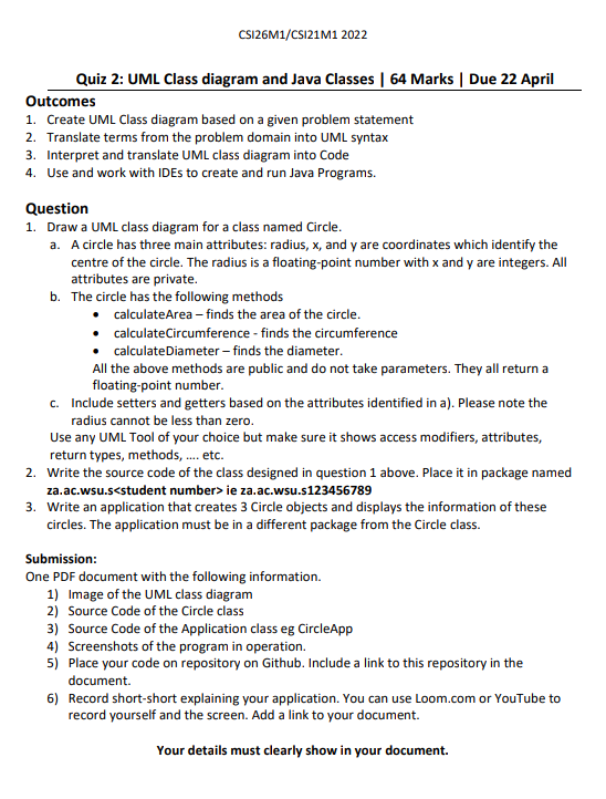 Solved CS126M1/CSI21M1 2022 Quiz 2: UML Class diagram and | Chegg.com