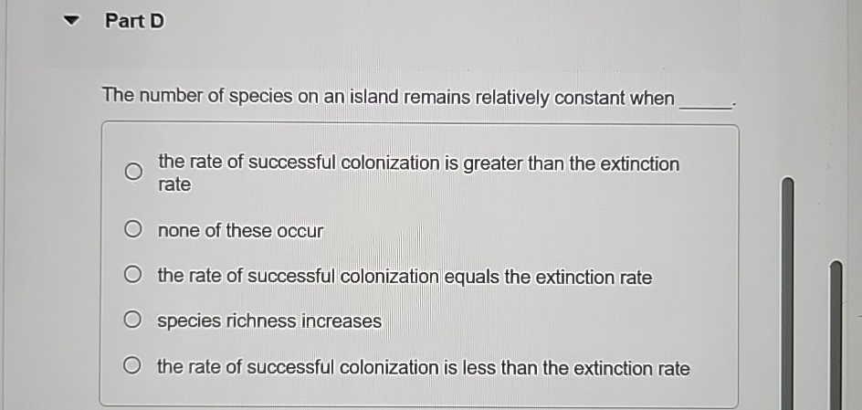 Part DThe number of species on an island remains | Chegg.com