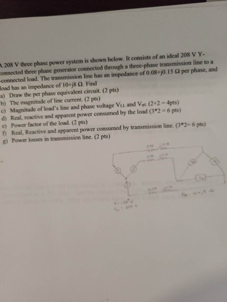 Solved 208 V three phase power system is shown below. It | Chegg.com