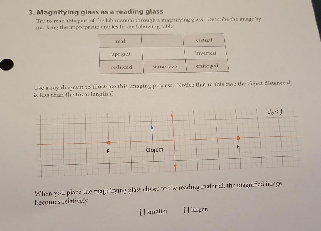 Solved 3. Magnifying glass as a reading glass Try to read | Chegg.com