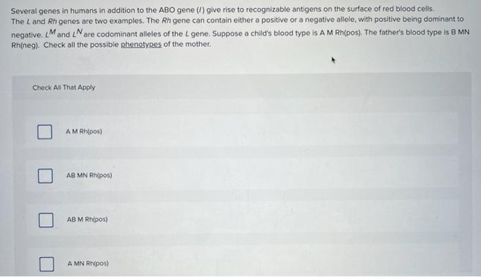 Solved Several genes in humans in addition to the ABO gene | Chegg.com