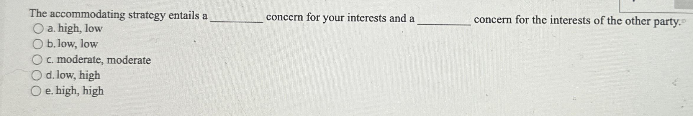 Solved The accommodating strategy entails aa. ﻿high, | Chegg.com