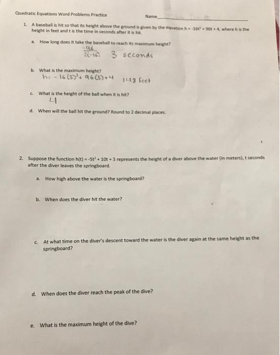 Solved Quadratic Equations Word Problems Practice Name 1. A | Chegg.com