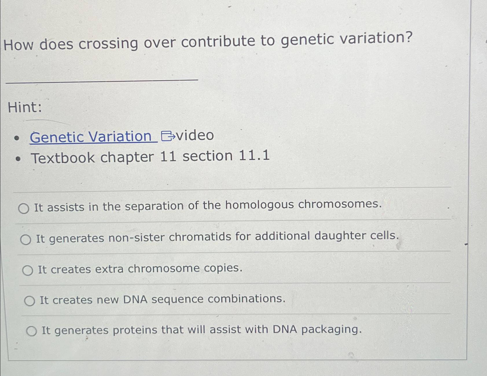Solved How does crossing over contribute to genetic | Chegg.com