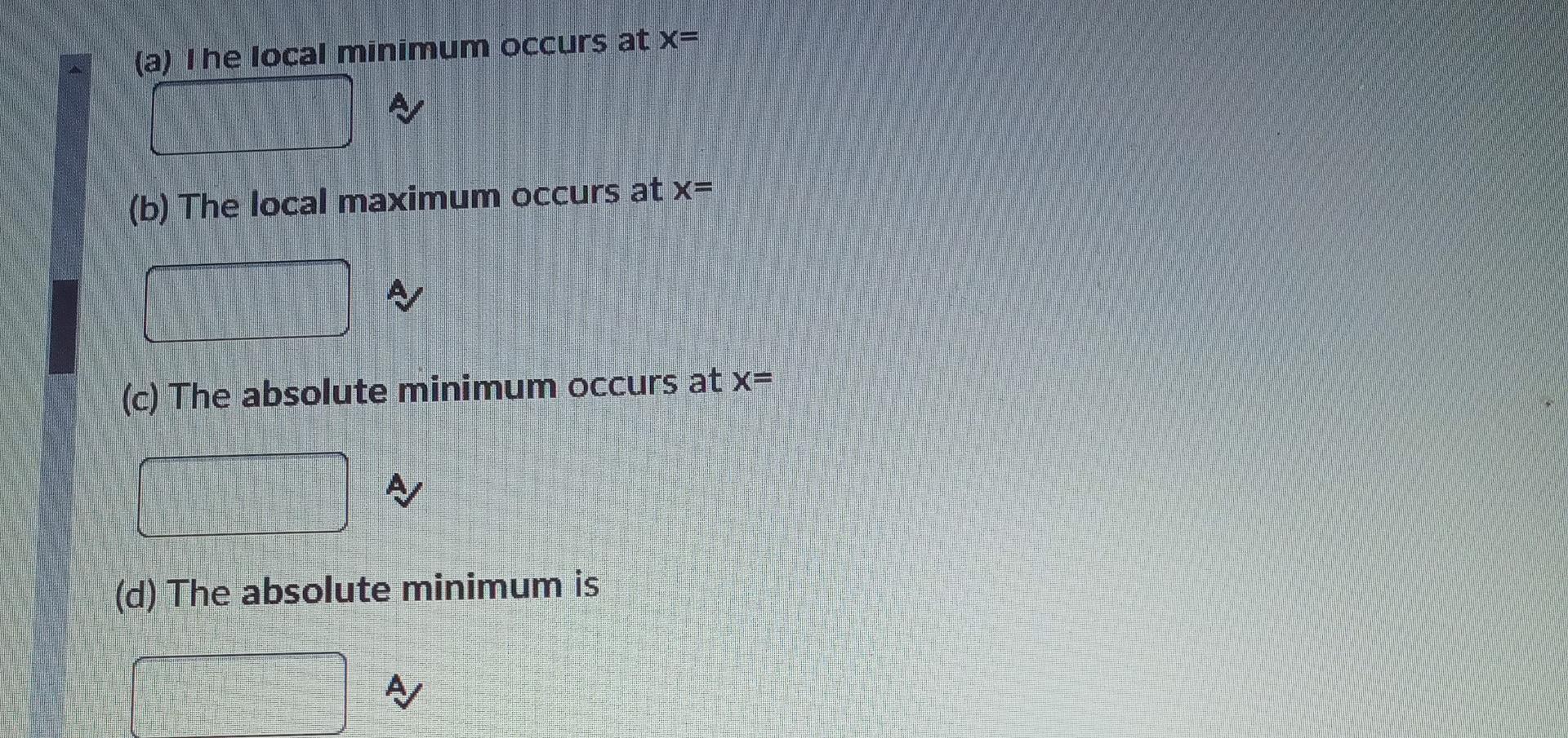 Solved The local minimum occurs at x=(d) The absolute | Chegg.com