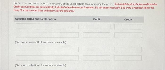 Solved Prepare the entries to record the recovery of the | Chegg.com